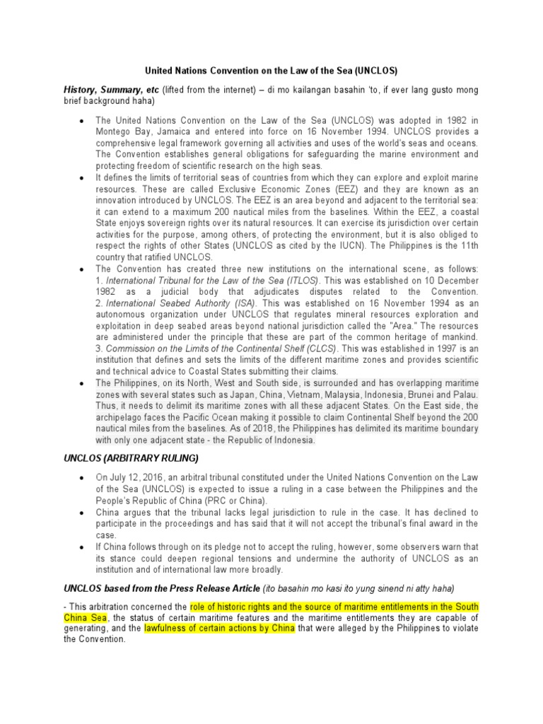 UNCLOS Article Summary or Not | PDF | United Nations Convention On The ...