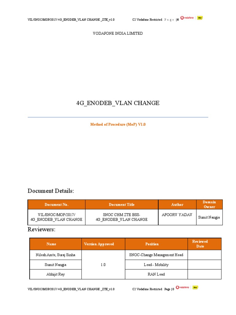 SNOC - CM - MOP - 4G - eNodeB - VLAN Change - ZTE - v1.0 | PDF | 4 G | Network Architecture