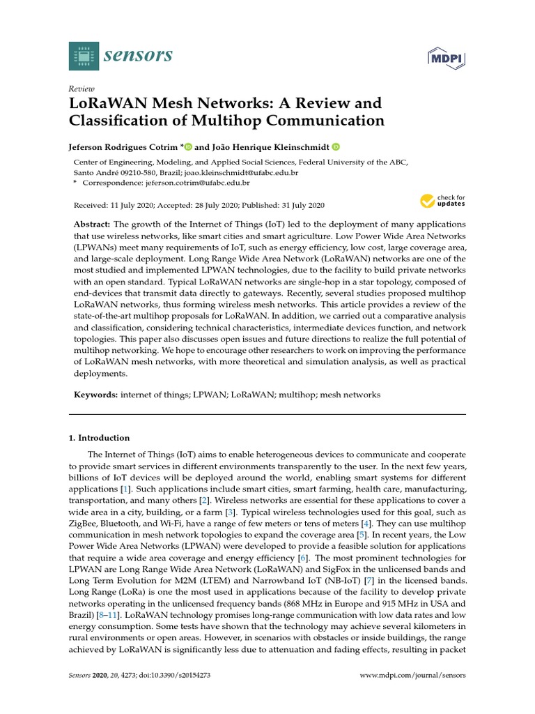 Sensors: Lorawan Mesh Networks: A Review and Classification of Multihop ...