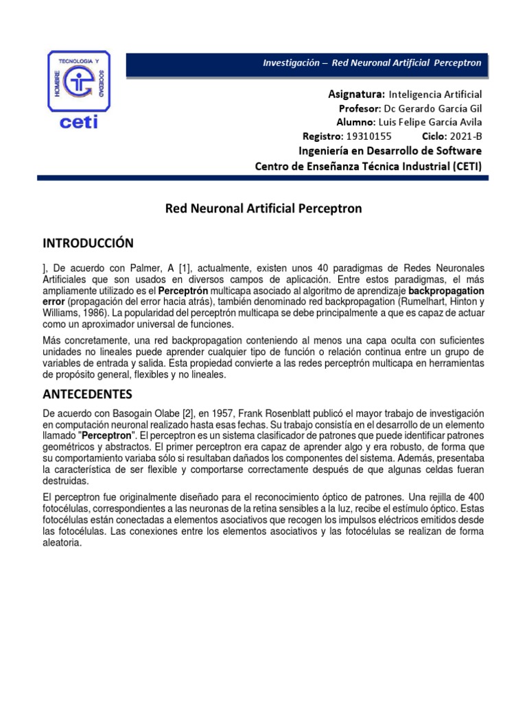 Perceptron | PDF | Ciencia cognitiva | Neurociencia Computacional