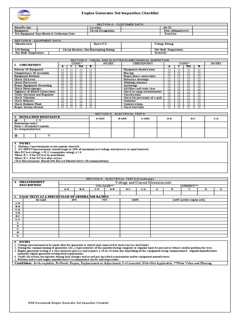 Engine Generator Set Inspection Checklist | PDF | Electric Generator ...