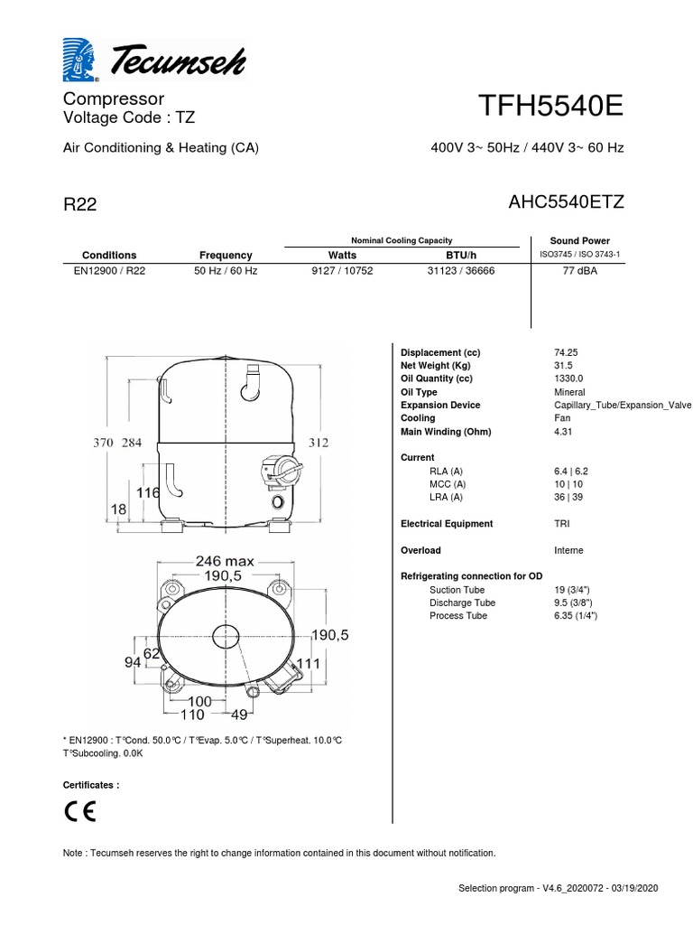 Technical Specifications Tecumseh Compressor 3hp R22 MHBP TFH5540E TUBE ...