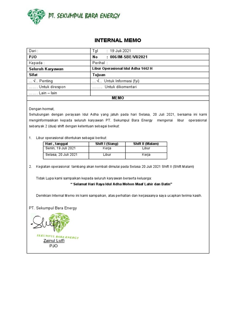 INTERNAL MEMO - 006 Libur Operasional Idul Adha | PDF
