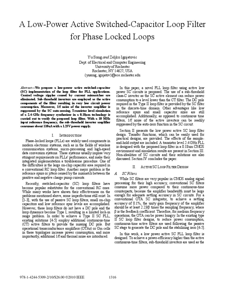 A Low-Power Active Switched-Capacitor Loop Filter For Phase Locked ...