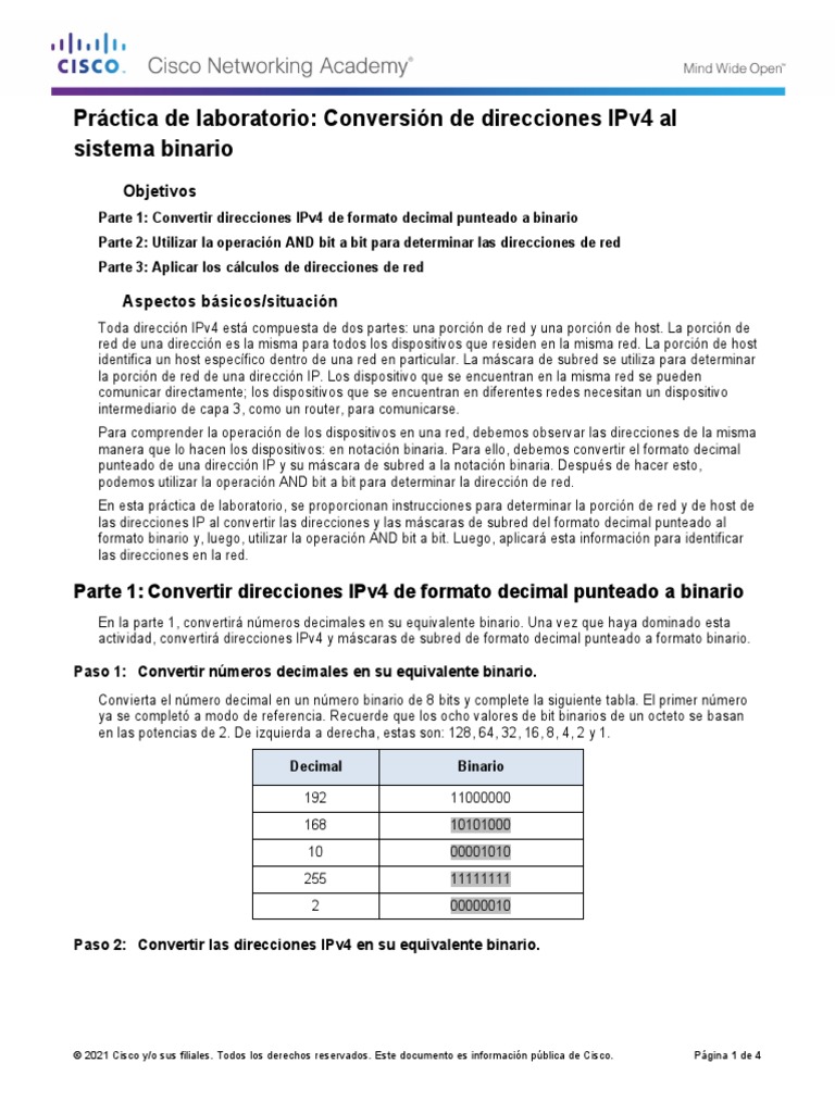 7.1.2.9 Lab - Converting IPv4 Addresses To Binary | PDF | Dirección IP | Poco