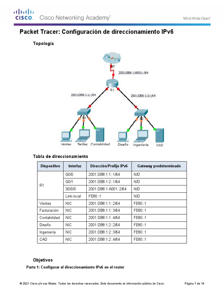7.2.4.9 Packet Tracer - Configuring IPv6 Addressing. | PDF | Enrutador (Computación) | Yo Pv6