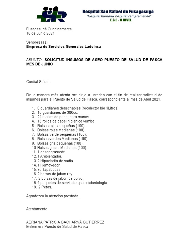 Oficio Solicitud de Insumos 2021 Aseo Junio | PDF