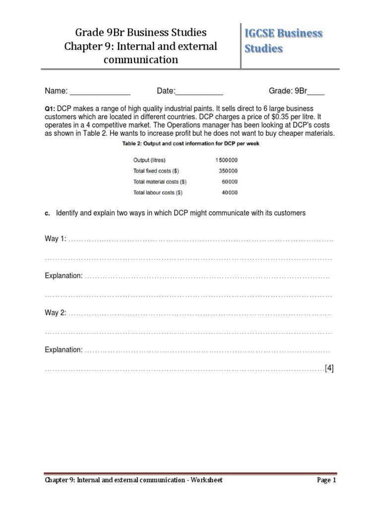 Grade 9Br Business Studies Chapter 9: Internal and External ...