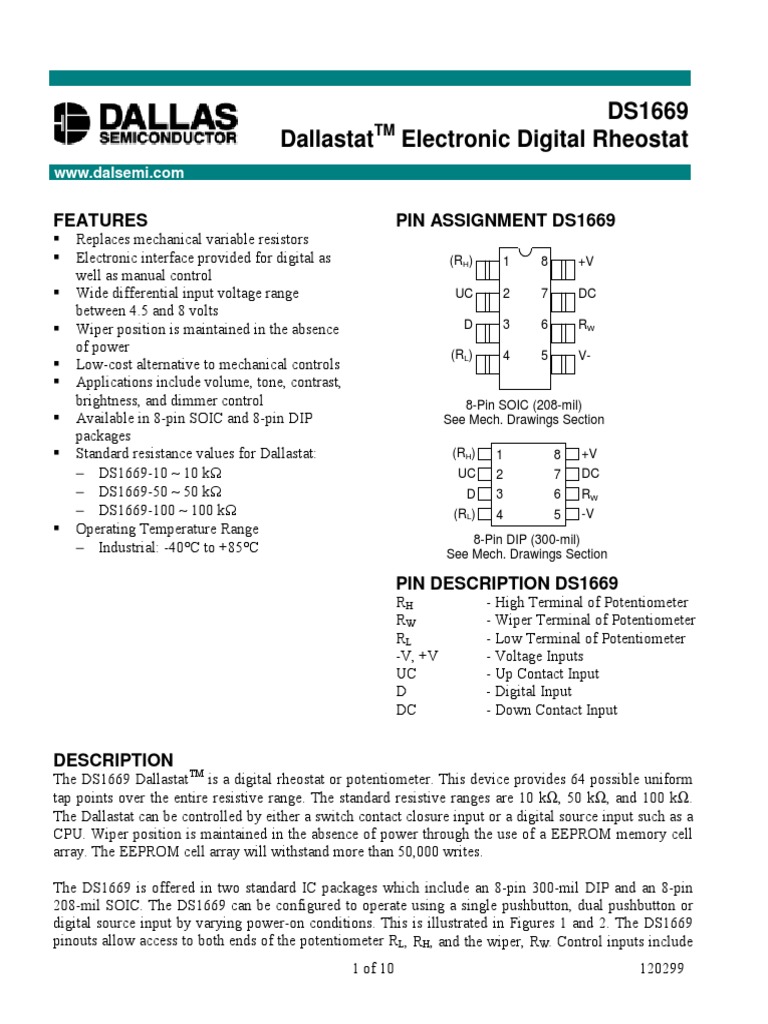 DS1669 Dallastat Electronic Digital Rheostat: Features Pin Assignment ...