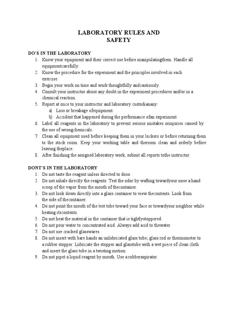 Laboratory Rules and Safety: Do'S in The Laboratory | PDF | Water ...