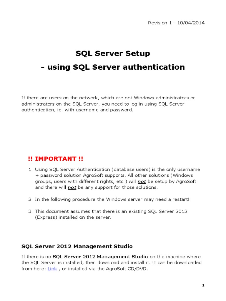Sql Server Setup Using Sql Server Authentication Important Pdf Microsoft Sql Server