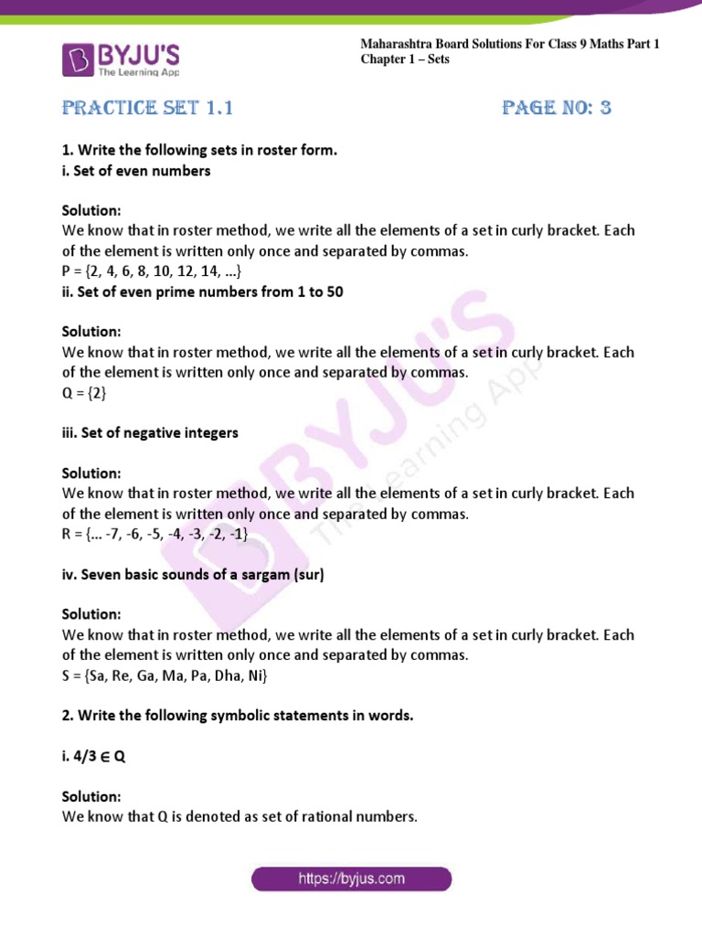 Msbshse Sol Class 9 Maths Part 1 Chapter 1 Sets | PDF | Rectangle | Numbers