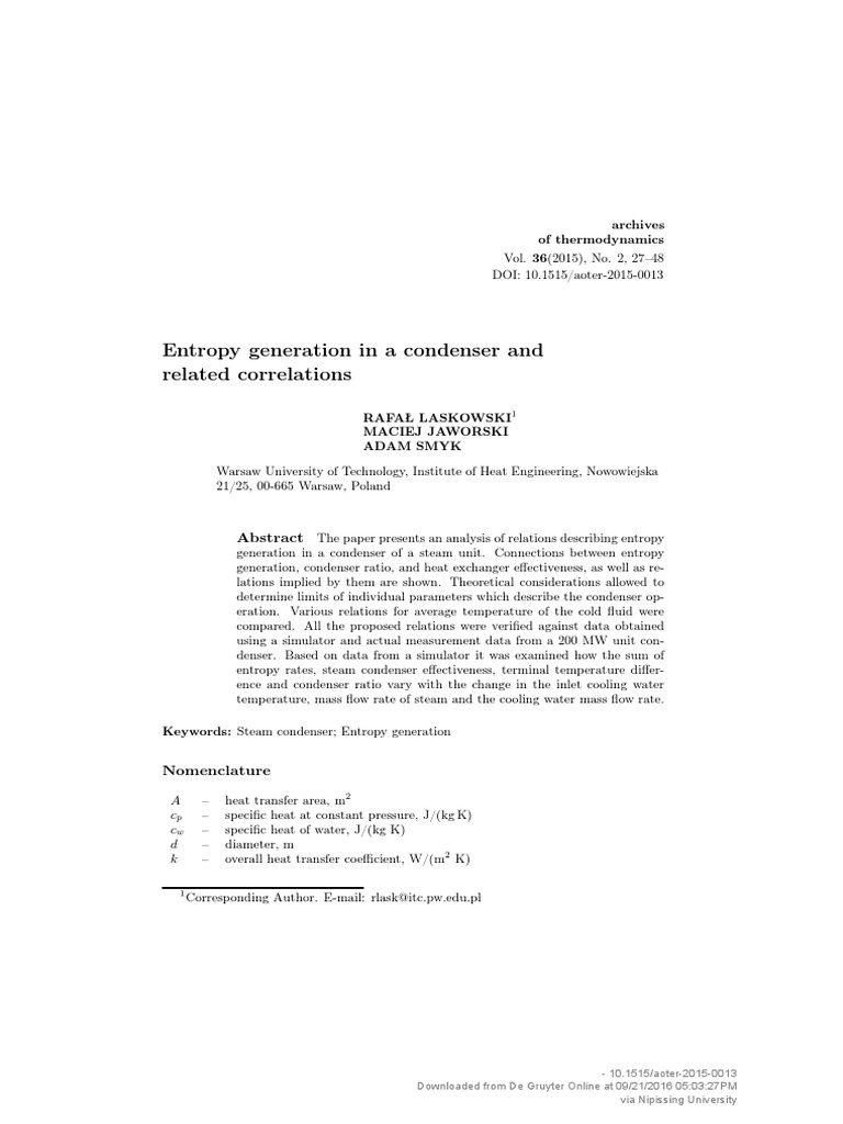 Entropy Generation in A Condenser and Related Correlations | PDF | Heat ...