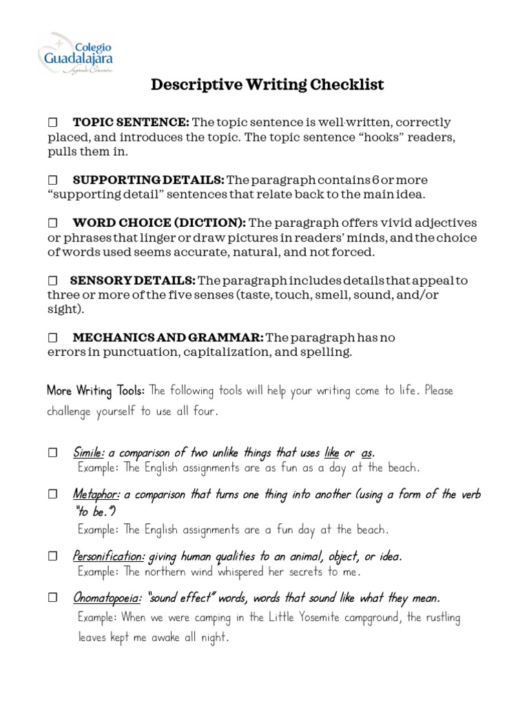 Descriptive Writing Checklist | PDF