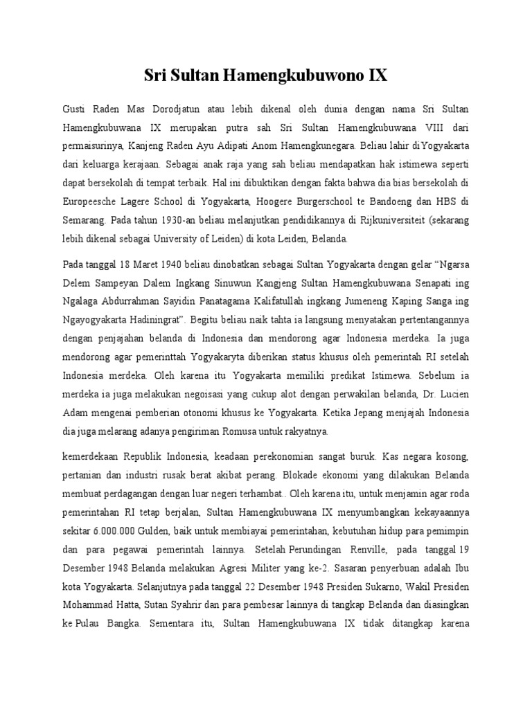 Biografi Sri Sultan Hamengkubuwono IX | PDF | Perjalanan | Sejarah Biografi Sri Sultan Hamengkubuwono IX | PDF | Perjalanan | Sejarah