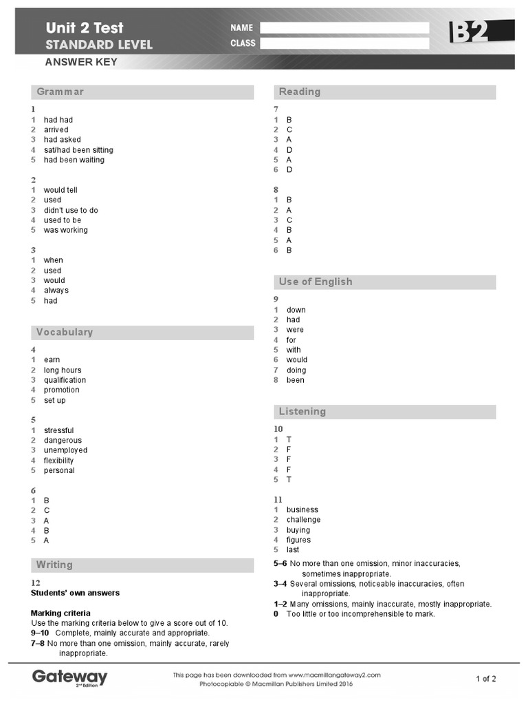 B2 UNIT 2 Test Answer Key Standard | PDF | Linguistics | Cognition