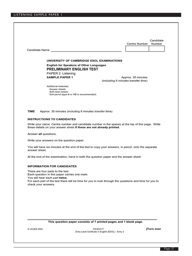 Preliminary English Test: Paper 2 Listening | PDF