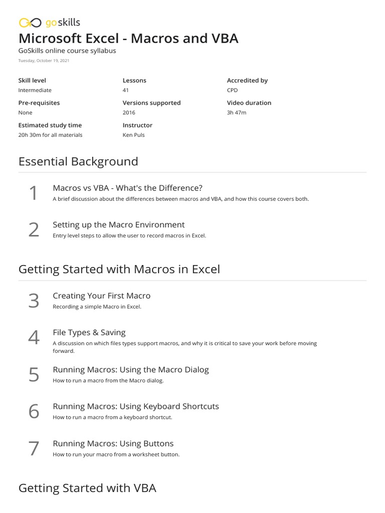 Microsoft Excel Macros And Vba Goskills Course Syllabus Download