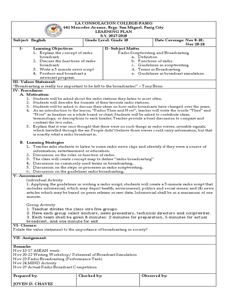 Radio Broadcast Lesson Plan | PDF | Radio | News