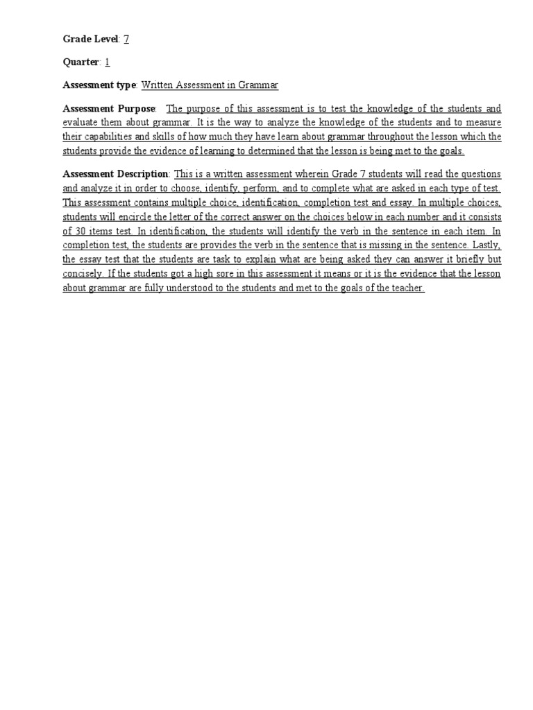 Grade 7 Grammar Assessment Paper | PDF | Educational Assessment ...