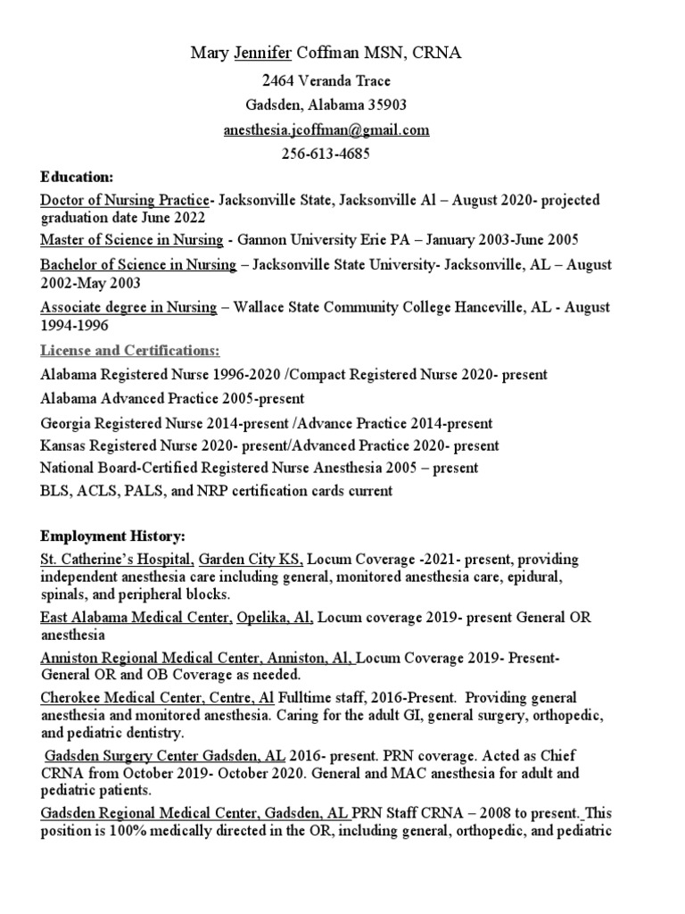 Jennifer Resume | PDF | Nursing | Anesthesia