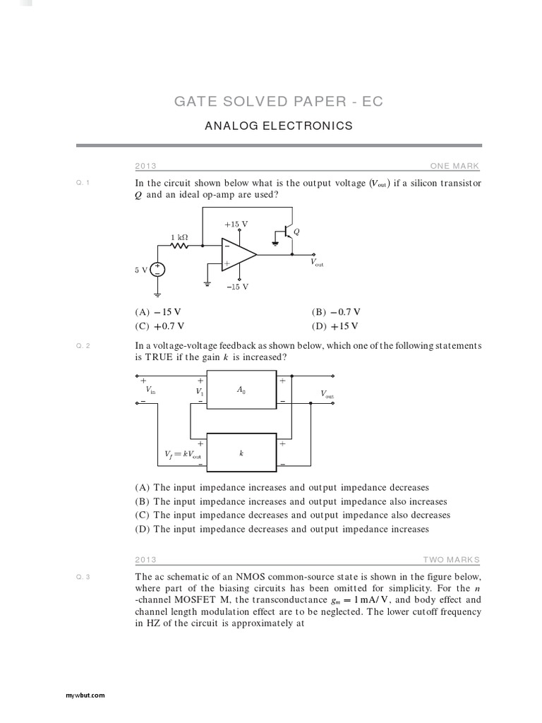 Gate Solved Paper Ec Analog Electronics | PDF | Amplifier | Operational ...