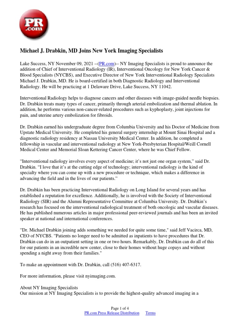 Michael J. Drabkin, MD Joins New York Imaging Specialists | PDF ...