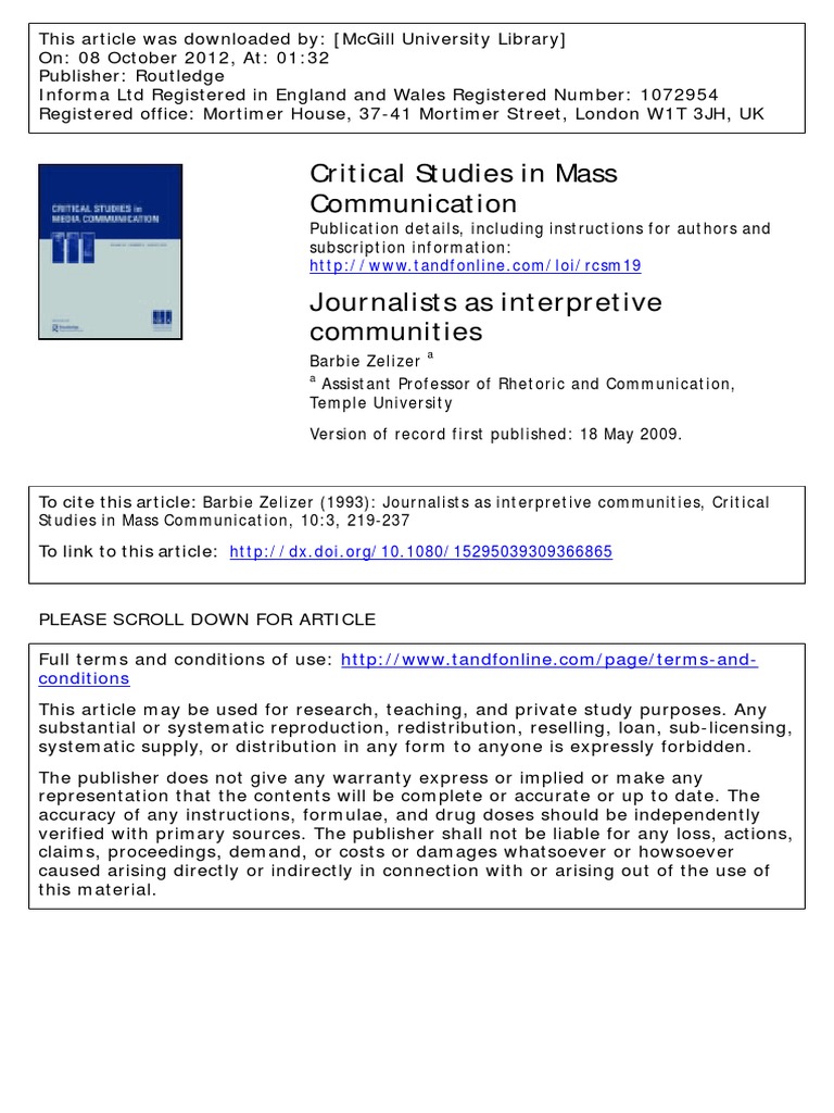 Zelizer, Barbie (1993) - Journalists As Interpretive Communities | PDF ...