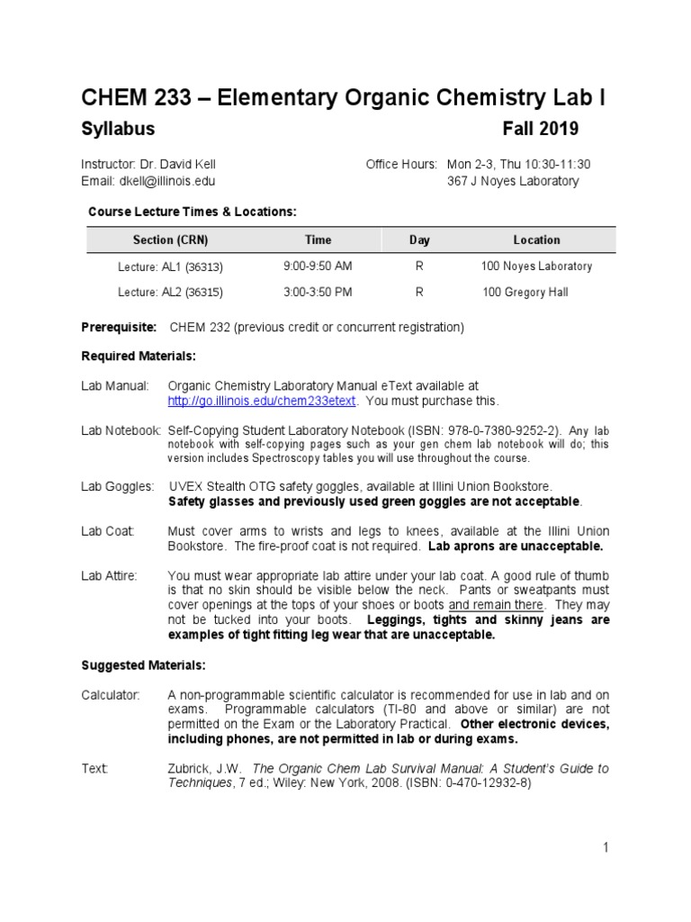 CHEM 233 - Elementary Organic Chemistry Lab I: Syllabus Fall 2019 ...