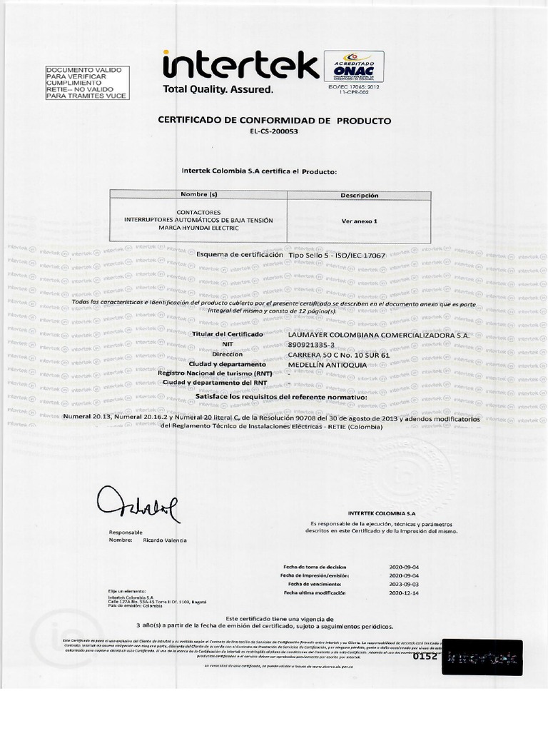 Hyundai Certificado RETIE Interruptores - Contactores Intertek EL-CS-200053 | PDF