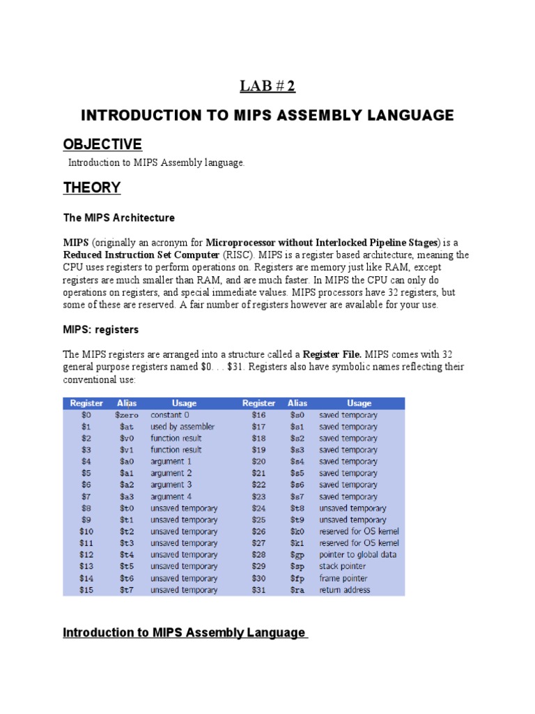 Introduction To Mips Assembly Language: Objective Theory | PDF | Assembly Language | Central ...