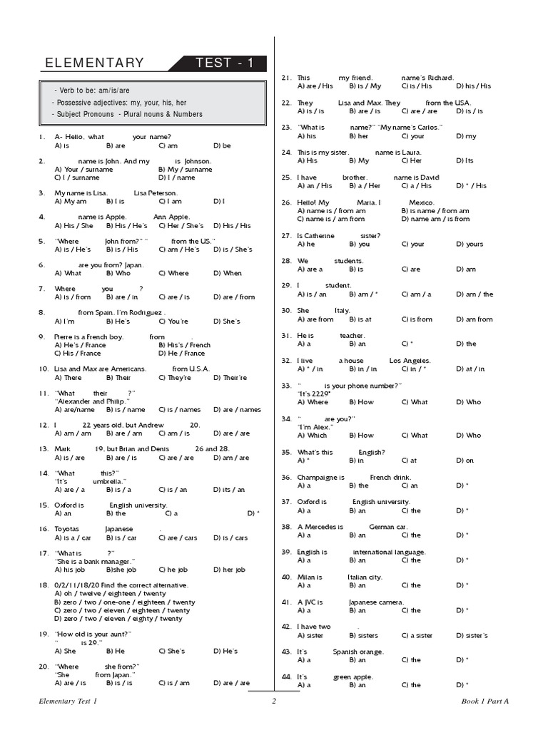 Elementary: Test - 1 | PDF | Grammatical Number | Linguistics