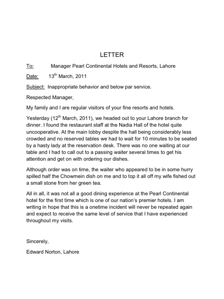 Hotel Complaint Letter | PDF