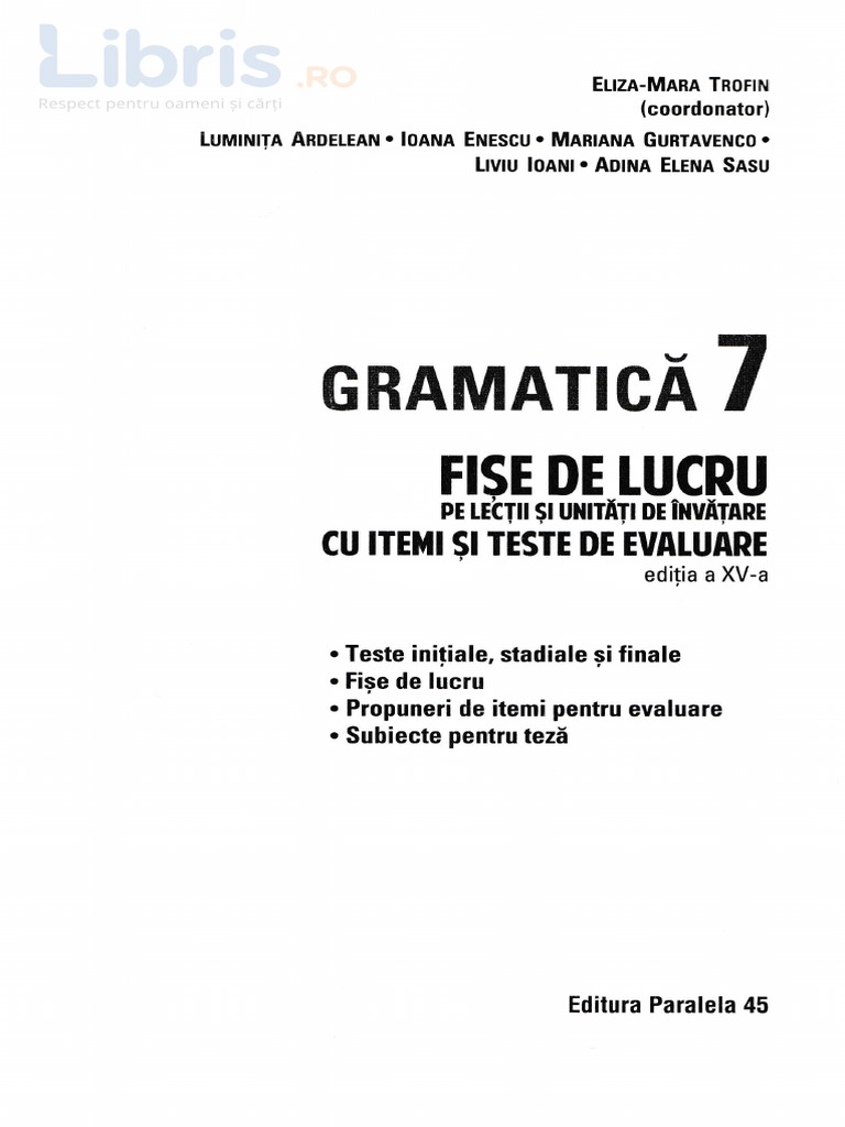Gramatica - Clasa 7 - Fise de Lucru Ed.2018-2019 Cu Iteme Si Teste de ...