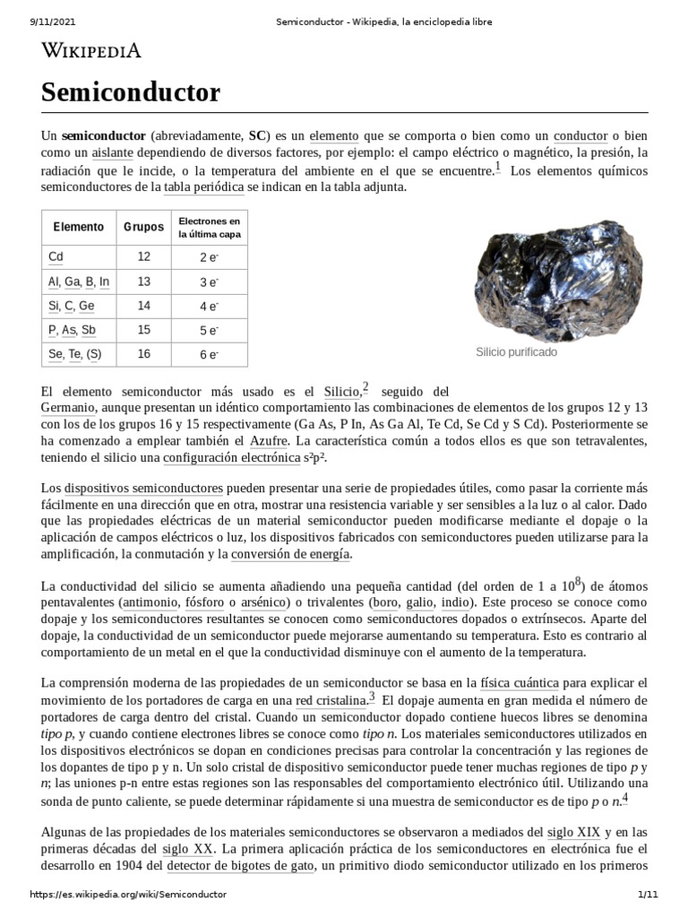 Semiconductor - Wikipedia, La Enciclopedia Libre | PDF | Semiconductores | Dopaje (semiconductor)