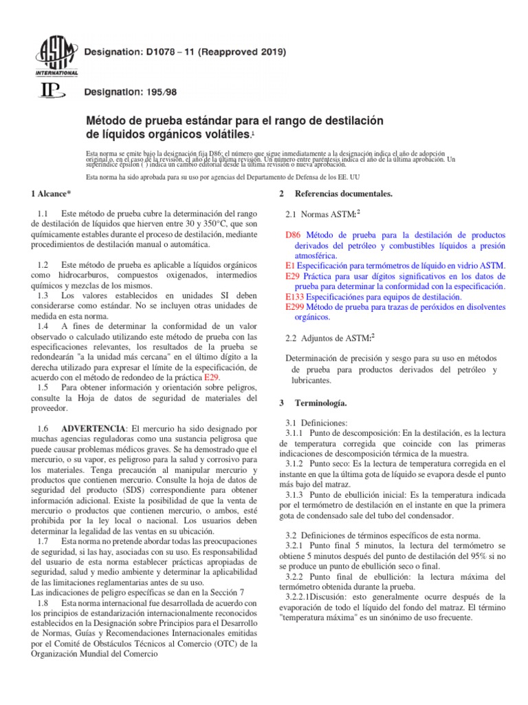 ASTM D1078-2019 Español | PDF | Destilación | Temperatura
