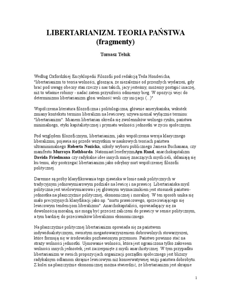 Tomasz Teluk - Libertarianizm. Teoria Państwa (Fragmenty) | PDF