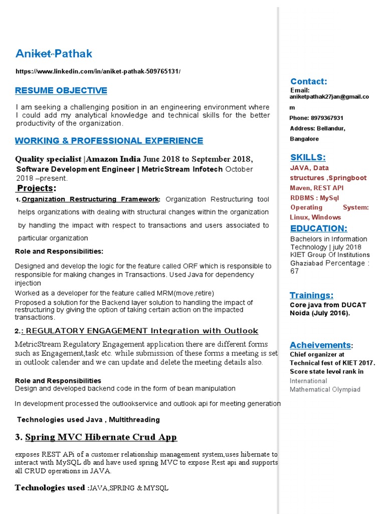 Aniket Pathak Resume | PDF | Spring Framework | Java (Programming Language)