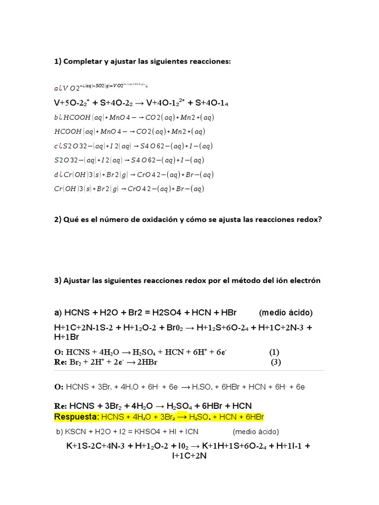 1) Completar Y Ajustar Las Siguientes Reacciones:: Hcns + 3Br + 4H O ...