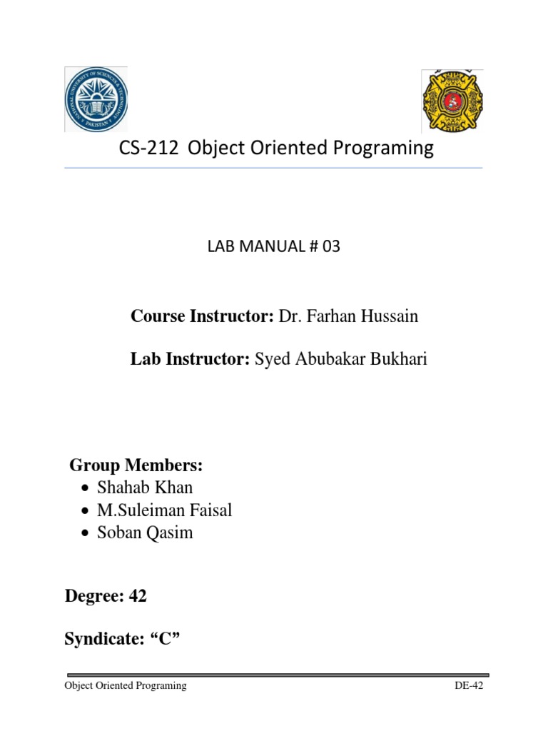CS-212 Object Oriented Programing: Lab Manual # 03 | PDF | Class (Computer Programming ...