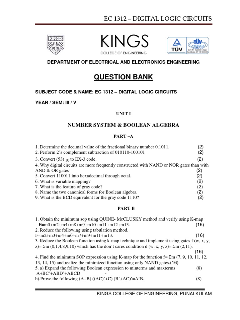 Question Bank for Digital Logic Circuits Covering Number Systems, Boolean Algebra, Combinational ...