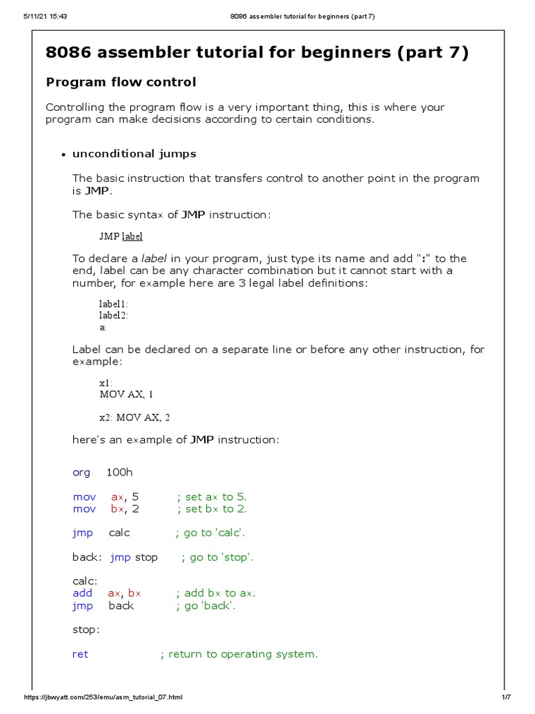 8086 Assembler Tutorial For Beginners (Part 7) : Program Flow Control | PDF | Assembly Language ...