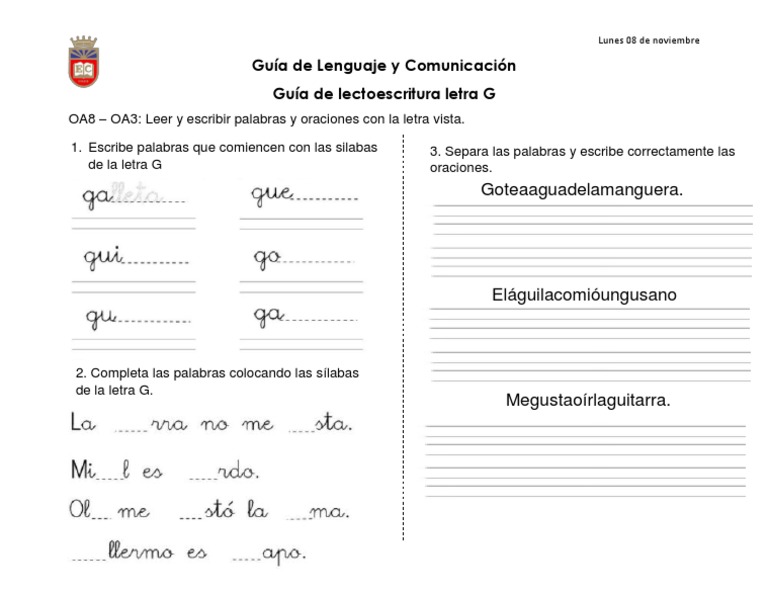 Guía Lectoescritura Letra G Parte 2 | PDF