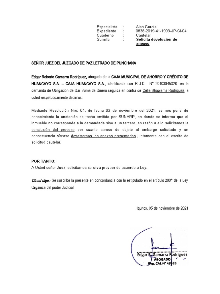 Solicita Devolucion de Anexos | PDF | Derecho