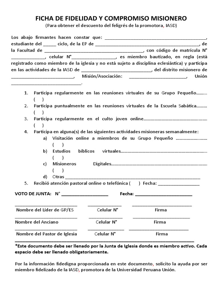Ficha de Fidelidad y Compromiso Misionero 2020 | PDF