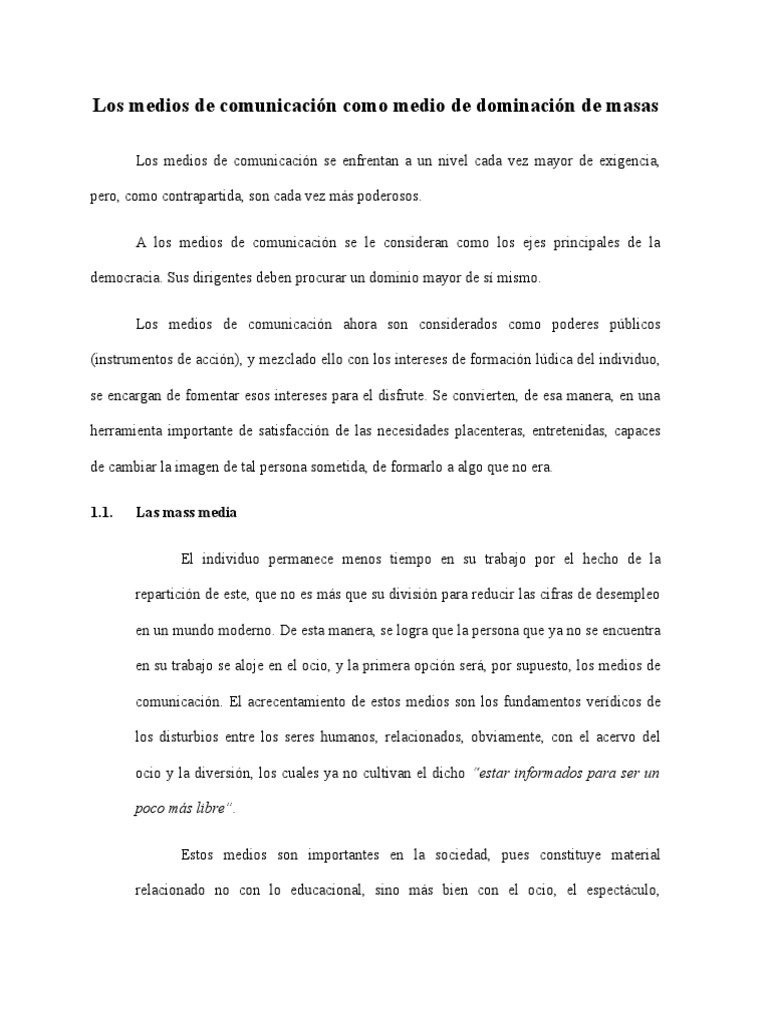 Los Medios de Comunicación Como Medio de Dominación de Masas | PDF | Medios de comunicación en ...