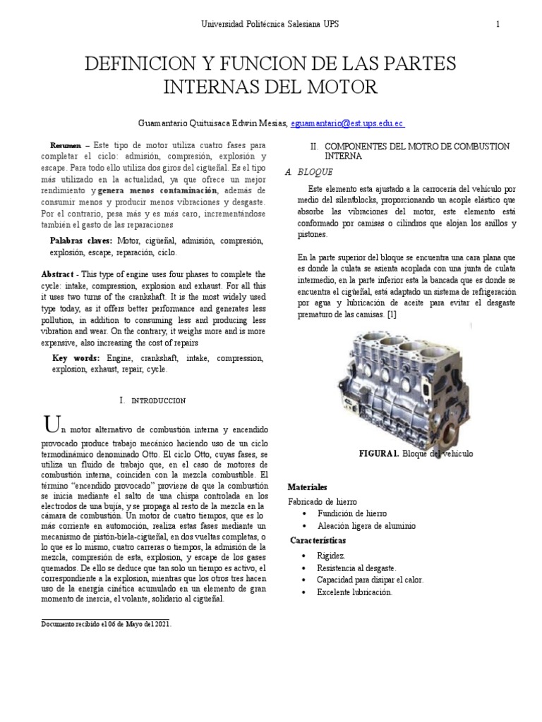 Definicion y Funcion de Las Partes Internas Del Motor | PDF | Pistón ...