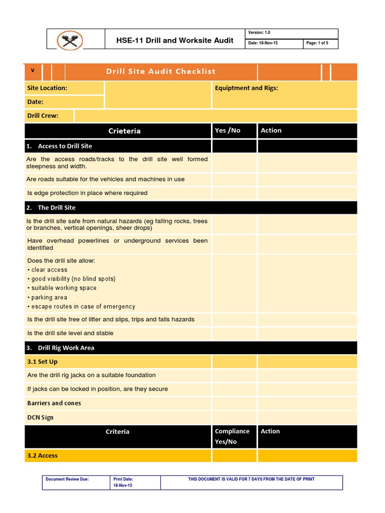 Drill Site Audit Checklist Pdf Fires Dangerous Goods
