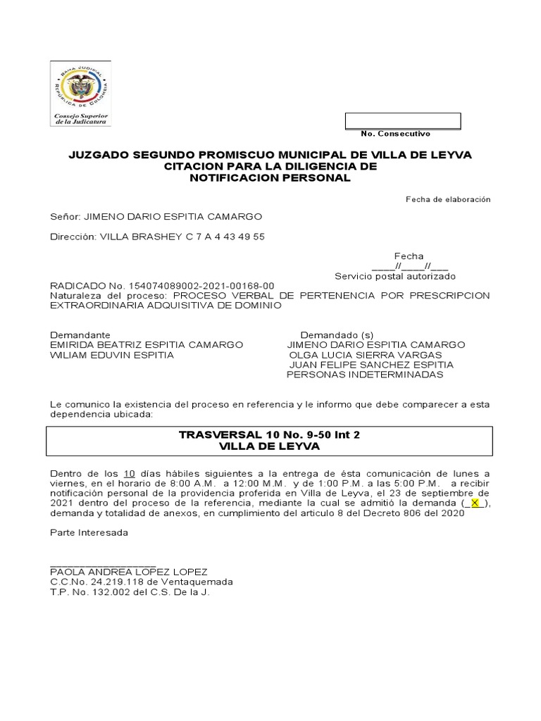 70 Formato de Citacion para Notificacion Personal Auto Admisorio de ... 70 Formato de Citacion para Notificacion Personal Auto Admisorio de ...