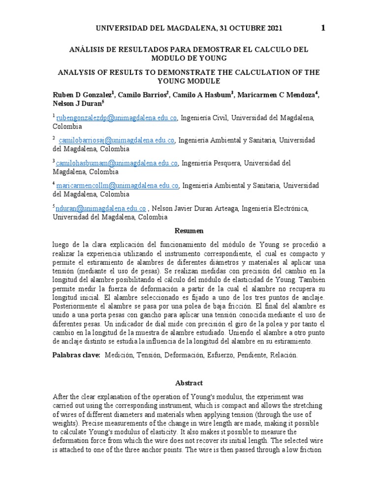 Análisis de Resultados para Demostrar El Calculo Del Modulo de Young ...